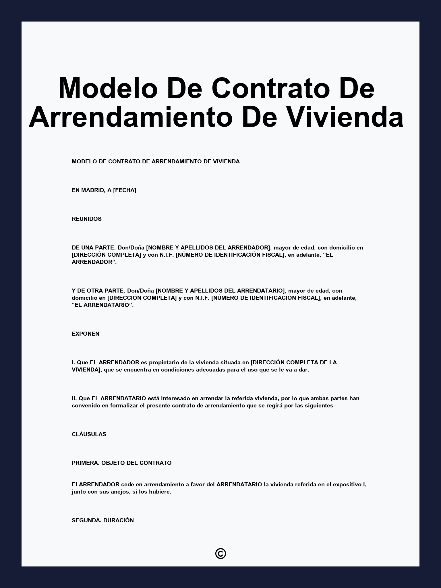 Formulario De Contrato De Arrendamiento De Vivienda En Blanco Contrato